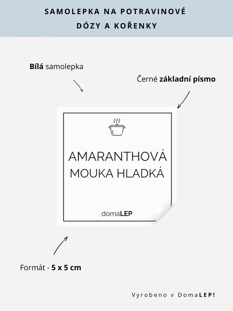 AMARANTHOVÁ MOUKA HLADKÁ– průhledná samolepka na dózu, základní písmo, 5 × 5 cm | DomaLEP