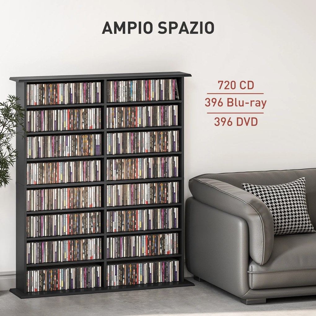 HOMCOM Moderní Knihovna s 16 Policemi pro 720 CD, Držák na CD z Dřevotřísky, 106,5x24x123,7 cm, Černá