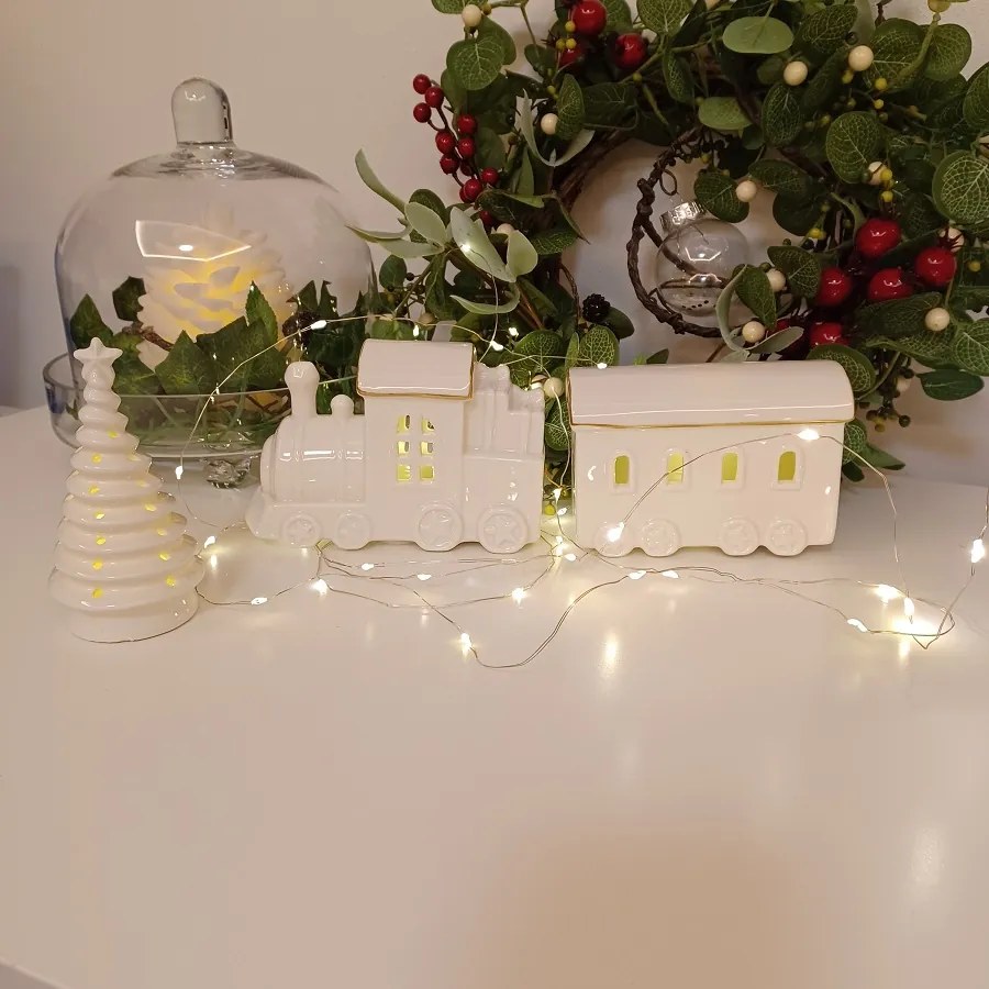 LED svítící dekorace keramický stromeček, 6,2 × 6,2 × 11,2 cm, teple bílá, 2× LR44