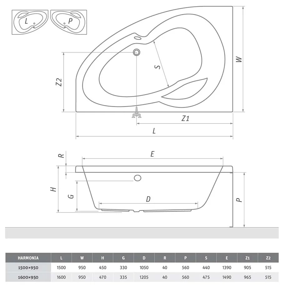 Roth Asymetrická akrylátová vana HARMONIA Varianta: rozměry: 150x95 cm, orientace: Levá - (HARMONIA 150 L - 9800000)