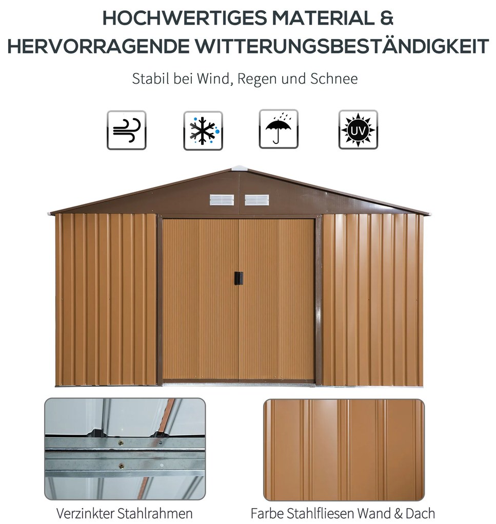 Koupit kůlnu na nářadí Outsunny, 340 x 386 x 200 cm, se základovou deskou, kůlna na nářadí, zahradní kůlna, zahradní domek, kov, hnědá