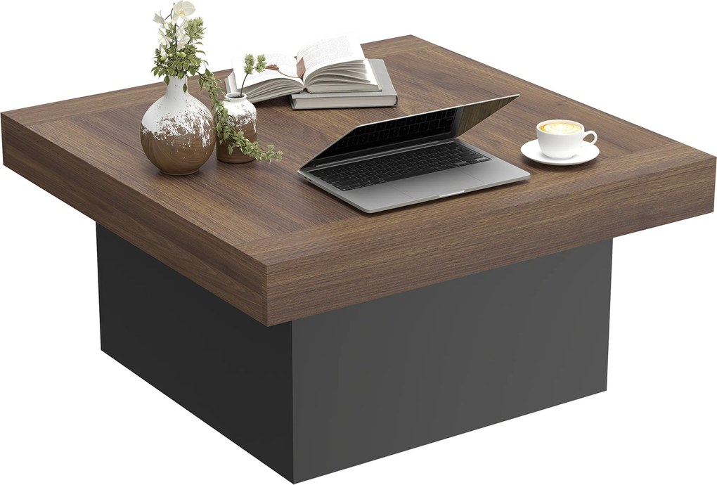 HOMCOM Čtvercový konferenční stolek s 16barevným LED osvětlením, moderní obývací stůl, 90 x 45 cm, ořech