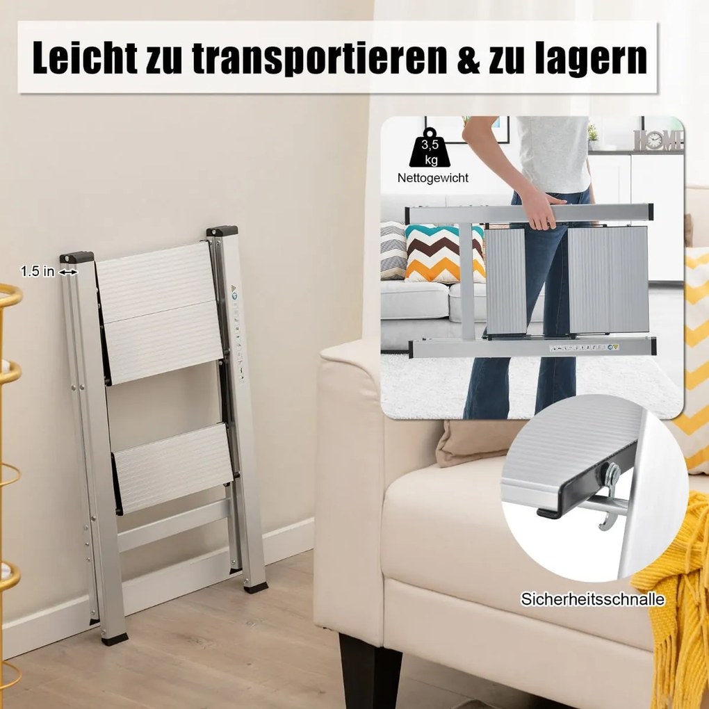 Costway Schůdkový žebřík 2 stupňový hliníkový skládací žebřík do 150 kg, stříbro