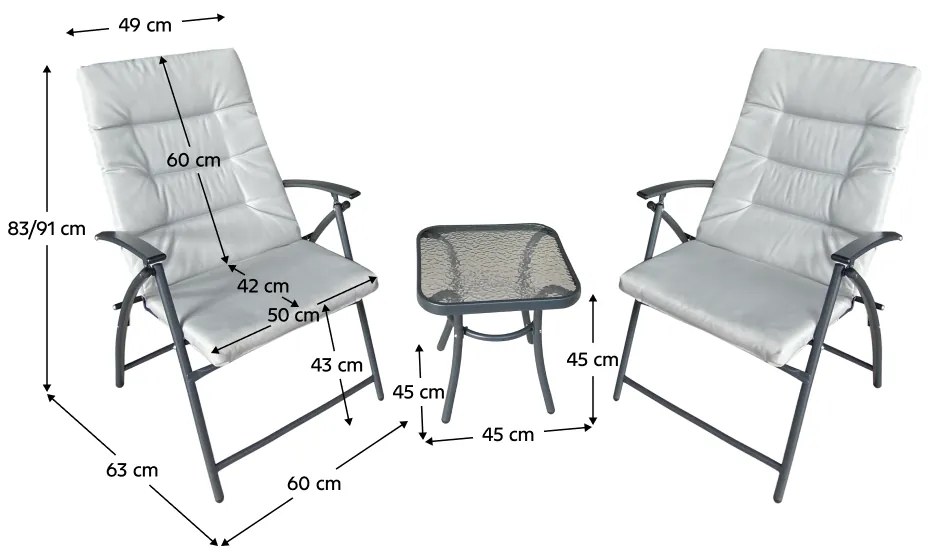 Zahradní set MUSON 1+2 látka světle šedá, kov tmavě šedý lak