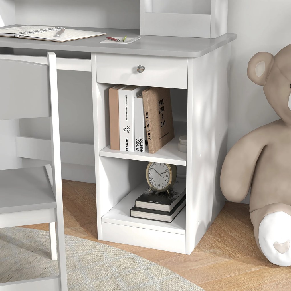 ZONEKIZ dětský psací stůl s ergonomickou židlí s vysouvací přihrádkou na klávesnici, nikami a otevřenými policemi, 90 x 45 x 90 cm šedý