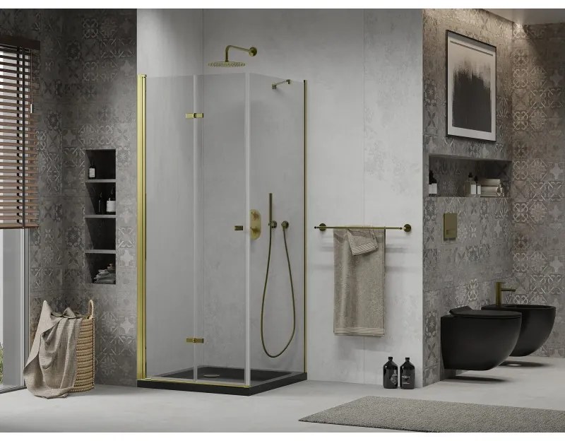 Mexen Lima skládací sprchový kout 90 x 90 cm, Průhledné, Zlatá + sprchová vanička Flat, Černá - 856-090-090-50-00-4070G