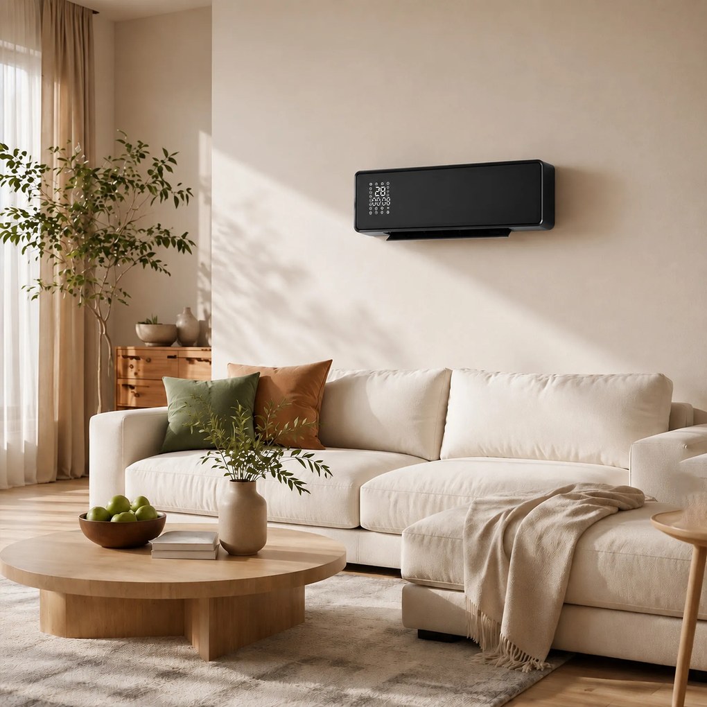 HOMCOM Nástěnný keramický elektrický ohřívač 2000 W, ventilátor, termostat, časovač, dálkové ovládání, skleněný panel, černý