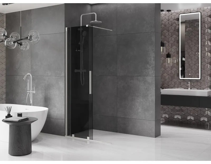 Mexen Velar, sprchová zástěna s posuvnými dveřmi Walk-in 85 x 200 cm, 8mm šedé sklo, broušená ocel, 871-085-000-43-97