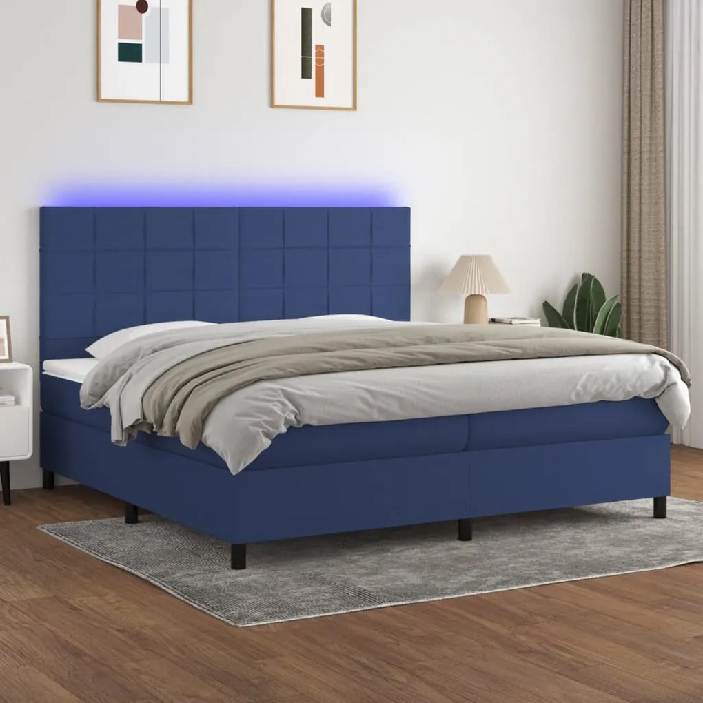Box spring postel s matrací a LED modrá 200x200 cm textil 3134907