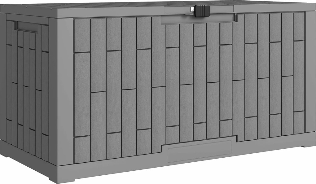 Outsunny 379 l uzamykatelný venkovní úložný box s plynovým pístem — dřevěný vzhled odolný proti UV, kávově hnědý, 122,5 × 56 × 62 cm | Aosom