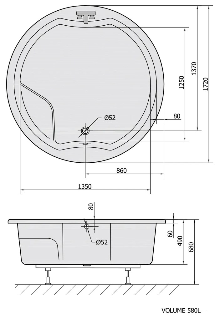 Polysan ROYAL ROUND kulatá vana s konstrukcí 172x172x49cm, bílá, 73211