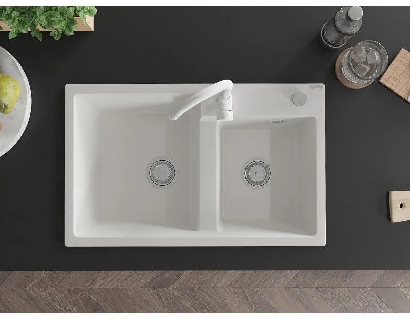 Mexen Tomas, granitový dřez 800x500x190 mm, 2-komorový a bílá baterie Telma, bílá, 6516-20-670200-20
