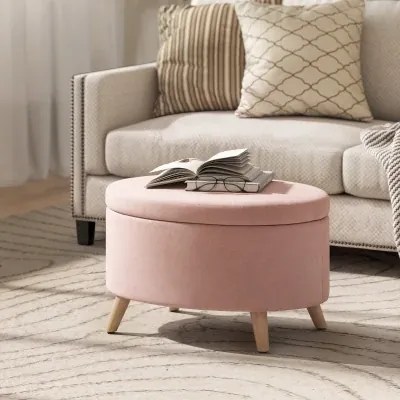 HOMCOM oválný úložný puf, úložná lavice 71 x 51,5 x 42 cm, sametový potah s pevnými dřevěnými nohami, světle růžová