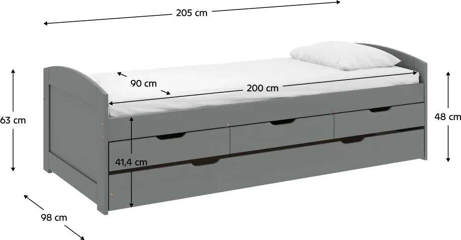 Postel s výsuvnou přistýlkou, šedá, masiv, 90x200, MARINELLA NEW