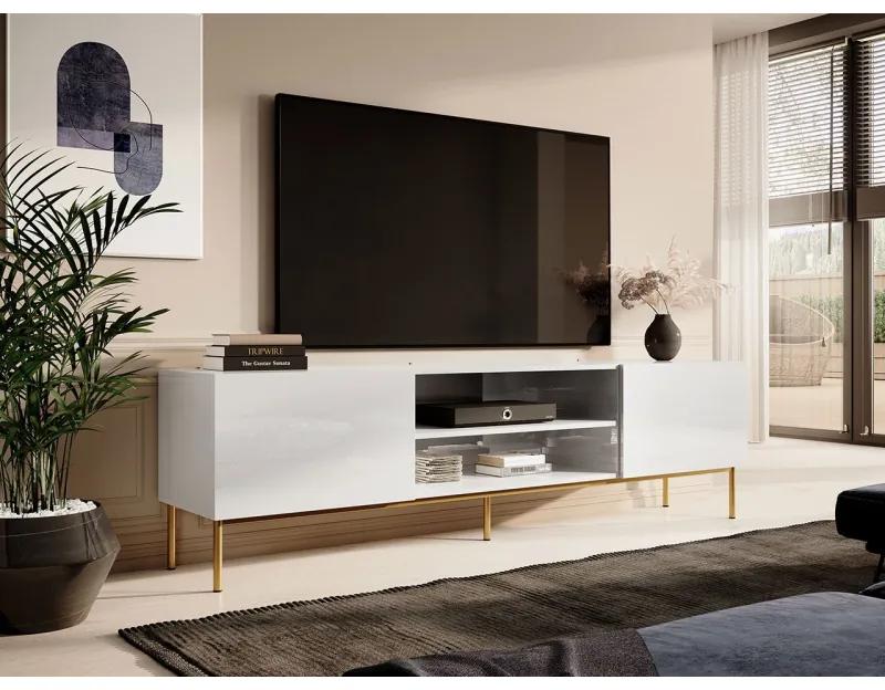 TV stolek\skříňka Koda 200 K, Barva: bílý / bílý lesk + zlatý