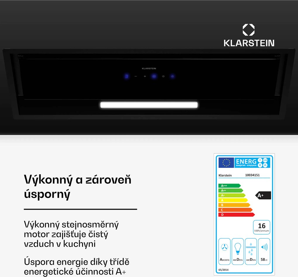 Klarstein Ventimate digestoř, dotykové ovládání, odsávání/recirkulace, EEK A+, 3 úrovně, LED, tichý