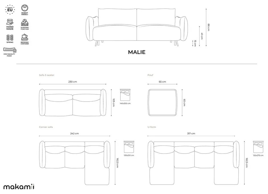 Růžová pohovka 230 cm Malie – Makamii
