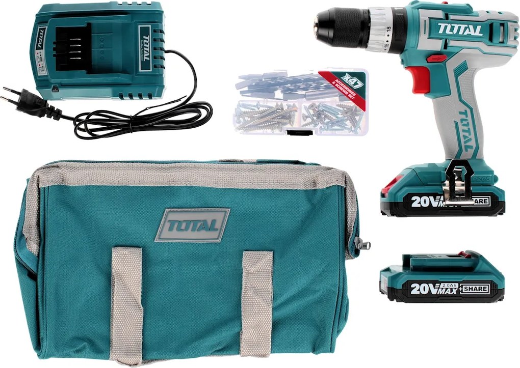 Vrtací šroubovák aku s příklepem, 20 V Li - ion (2x), 2000 mAh, v tašce, sada 50 ks TOTAL TIDLI2002E