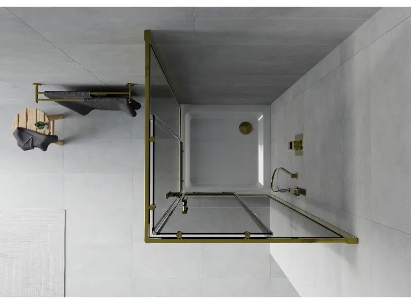 Mexen Rio, čtvercový sprchový kout s posuvnými dveřmi 70 (dveře) x 70 (dveře) x 190 cm, 5mm šedé sklo, zlatý profil + bílá sprchová vanička SLIM, 860-070-070-50-40-4010G