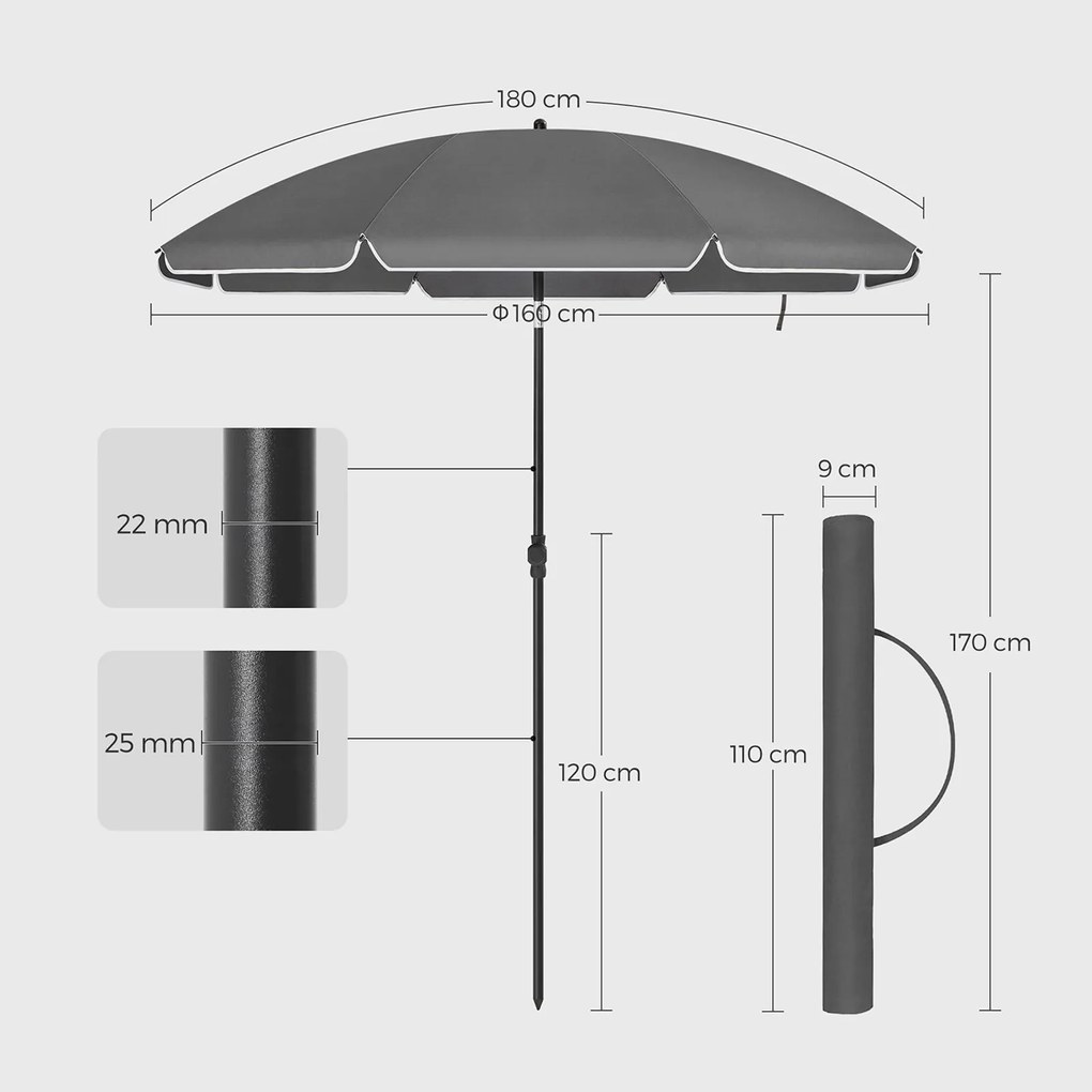 Slunečník SOLARA, Ø160 cm, šedá SongmicsHome