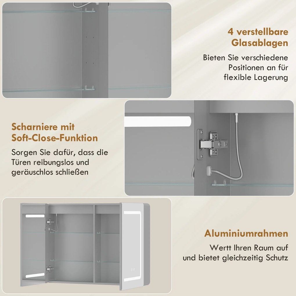 HOMCOM Zrcadlová skříňka do koupelny s LED osvětlením, 60 x 80 cm koupelnová skříňka s protimlžnou, 3-cestnou stmívatelnou