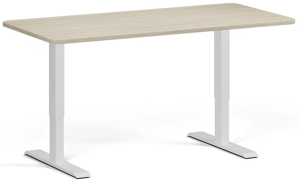 Polohovací stůl se zaoblenými rohy, 160x80 cm, 2 motory, bílá podnož, dub přírodní