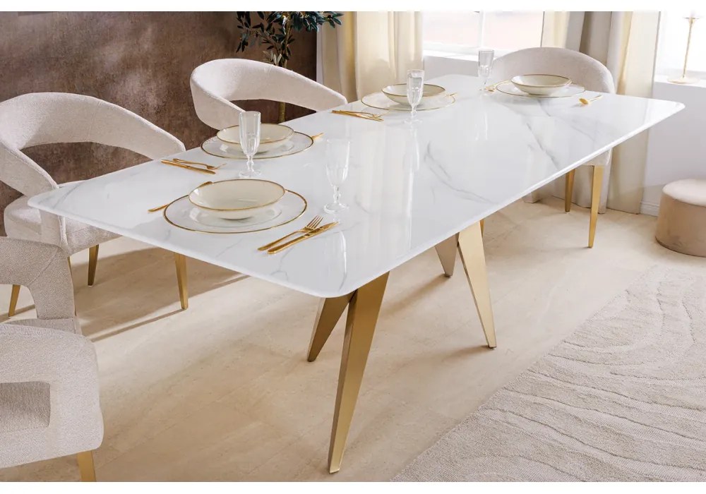 Massive home | Jídelní stůl ART MARBLE 200 cm - keramická deska z bílého mramor/ zlatá/šampaňské