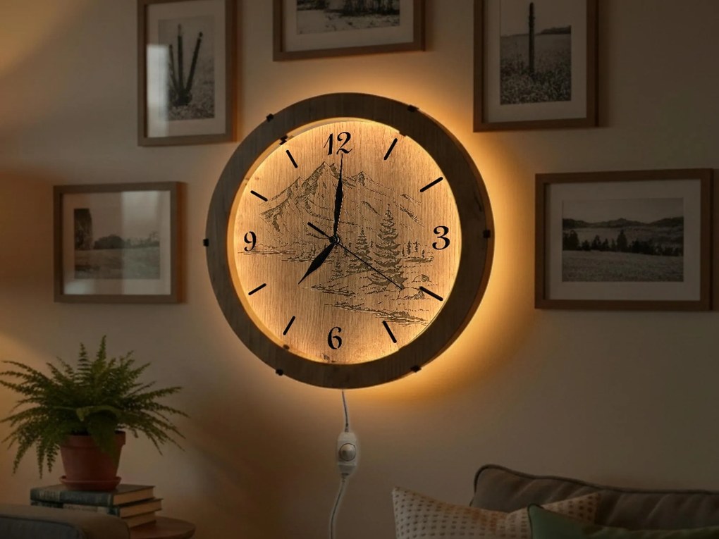 Li-Go "Hory" světelné hodiny 230V/12V/dub světlý velikost svítidla/hodin: 31 cm