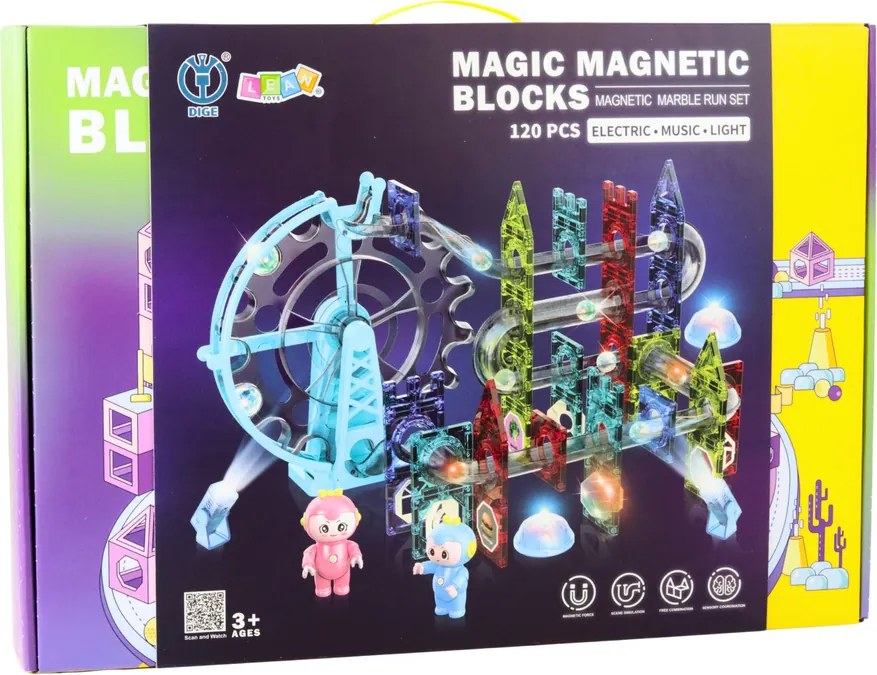 LEAN Toys Magnetické prostorové kostky, kuličková dráha, postavičky, svítící, 120 ks.
