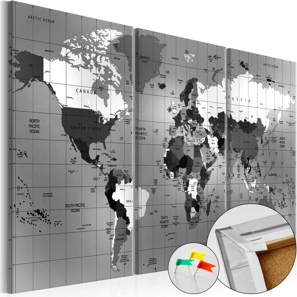 Murando DeLuxe Mapa na korkové tabuli - šedá mřížkovaná mapa Velikost: 120x80 cm