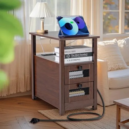 Farmhouse End Stůl Úzký noční stolek s USB porty a výstupy Hnědý