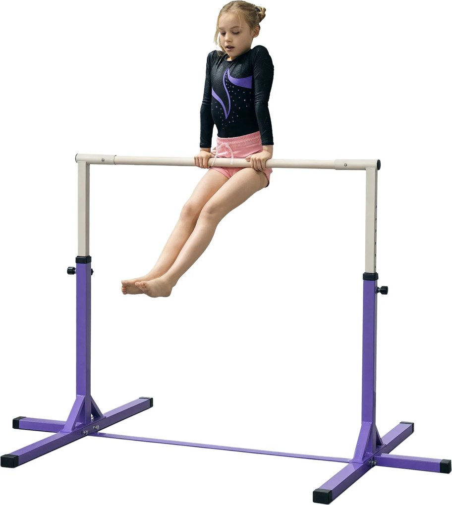 HOMCOM Dětská gymnastická tyč pro 3+ let, nastavitelné tréninkové barové zařízení 92-150 cm, horizontální gymnastická tyč pro zátěž 75 kg, 194x121x15…