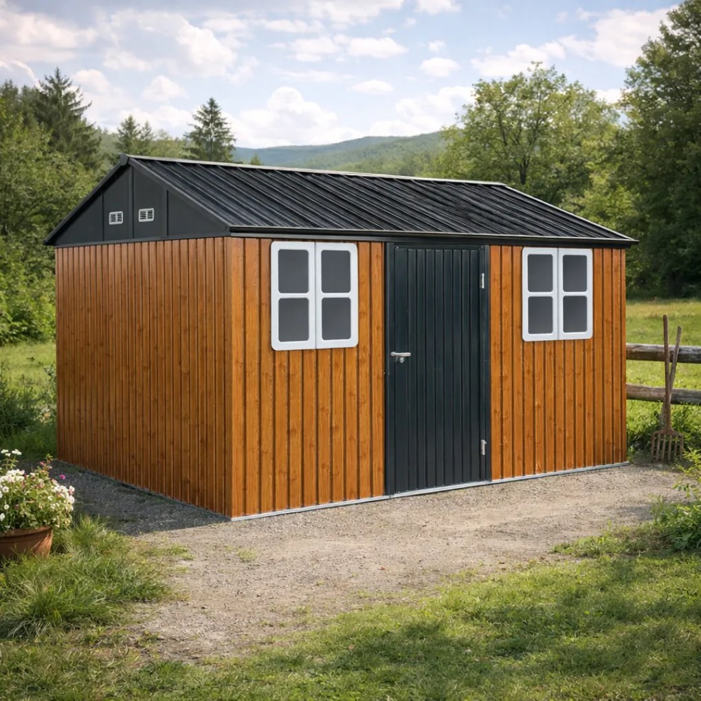 Plechový zahradní domek na nářadí, hnědá/antracitová, 3,6x3,1x2,5 m, GABKO