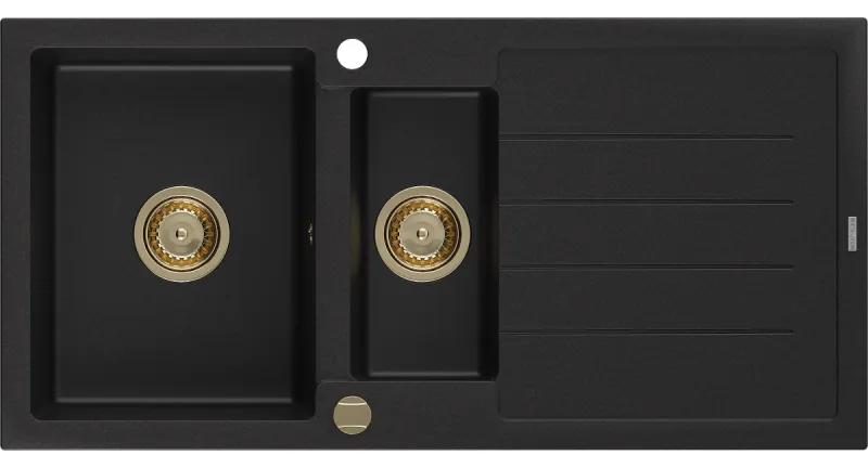 Mexen Andres 1,5-miskový granitový dřez s odkapávačem 1000 x 500 mm Černá, sifon Zlatá - 6515101510-77-G