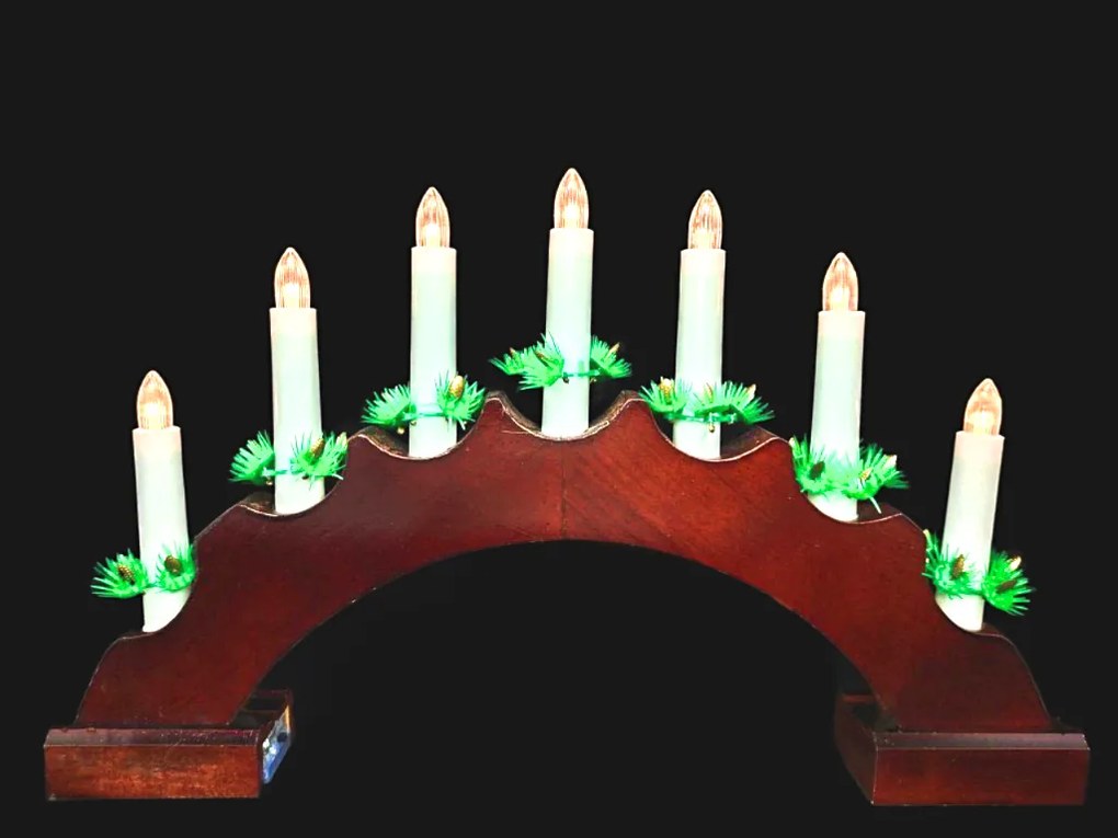 Vánoční dřevěný svícen ve tvaru oblouku, vínová barva, 7 svíček, teplá bílá, na baterie