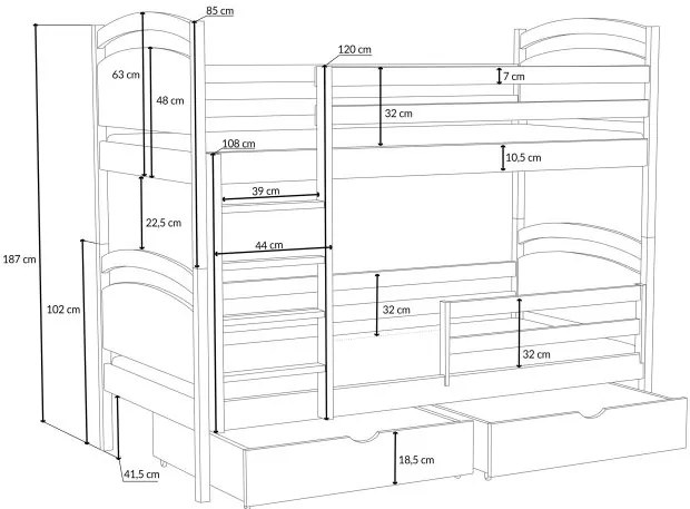 Dětská patrová postel z masivu borovice MARCELA se šuplíky - 200x90 cm - PŘÍRODNÍ BOROVICE