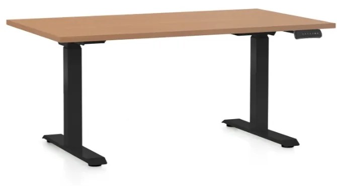 Výškově nastavitelný stůl OfficeTech D, 140 x 80 cm, černá podnož, buk