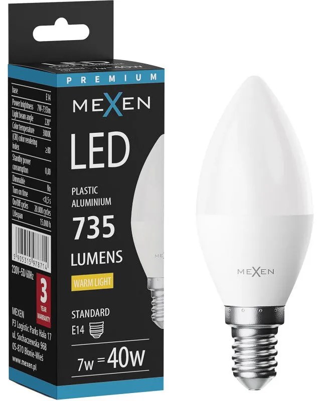 Mexen Nova LED žárovka E14, C37, 7W, Teplá - 3000K, 735 lm - L102-E14-0730-01