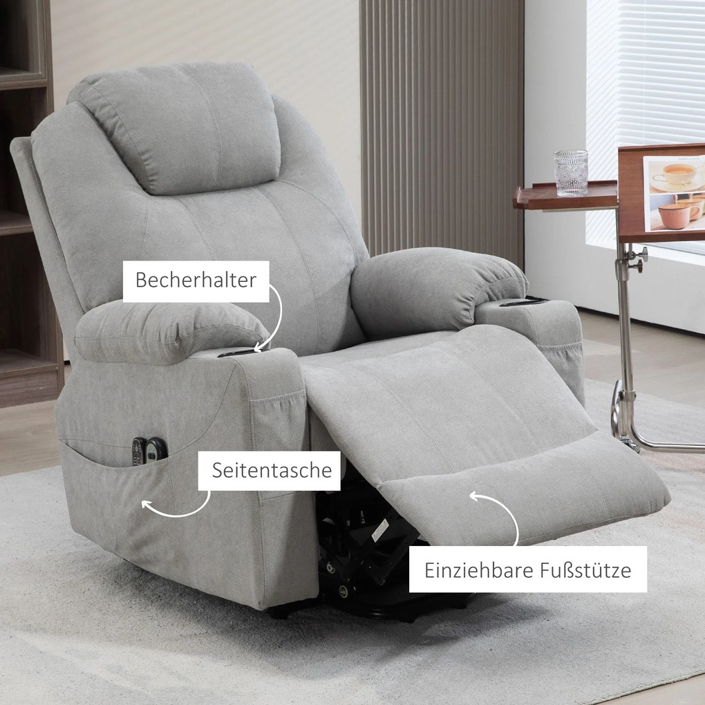 HOMCOM polohovací lehátko elektrické polohovací křeslo funkce vyhřívání 1 motor masážní funkce jádro z pružinových kapes světle šedá
