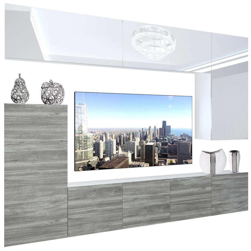 Obývací stěna Belini Premium Full Version  bílý lesk / dšedý antracit Glamour Wood + LED osvětlení Nexum 118