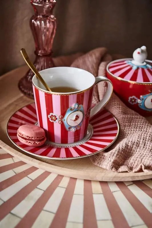 Pip Studio Love Birds Medailon Stripes hrnek 225ml, červeno-růžový
