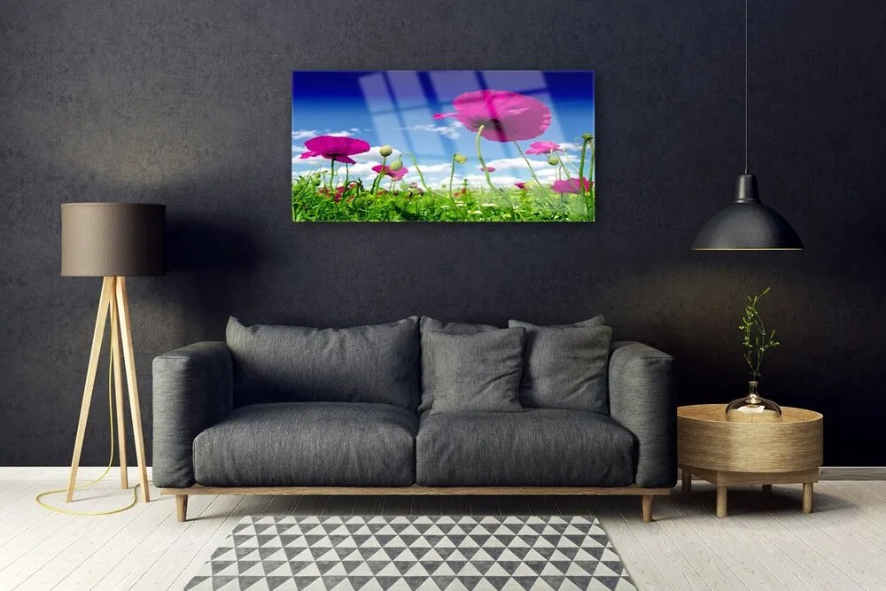 Obraz na skle Louka Květiny Nebe Příroda 120x60 cm