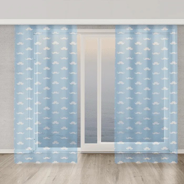 Textilesland Záclona s 3D foto potiskem MOUSTACHE BLUE 1: s kroužky / obyčejnými kroužky (vnitř. šiř. 40 mm)