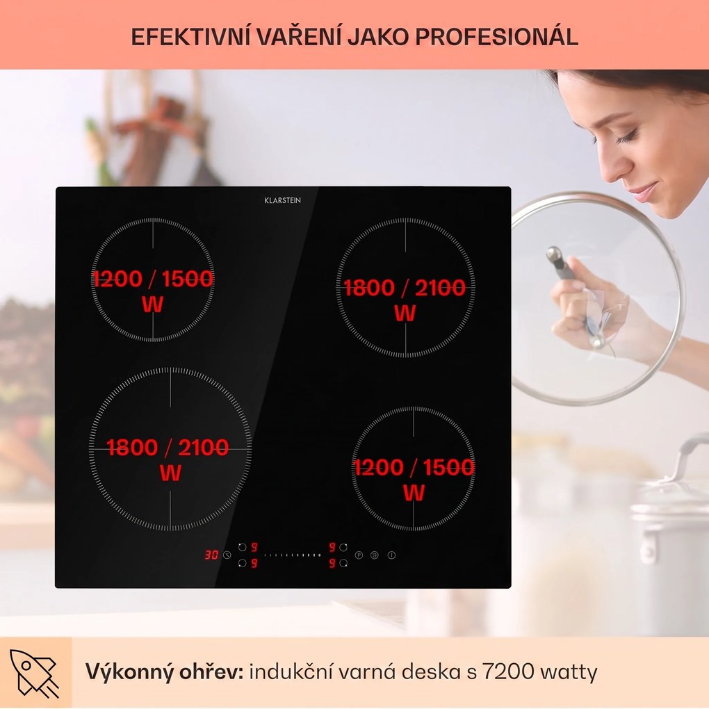 Klarstein Virtuoso EcoAdapt, indukční varná deska, 7200 W, 4 zóny, sklo, černá