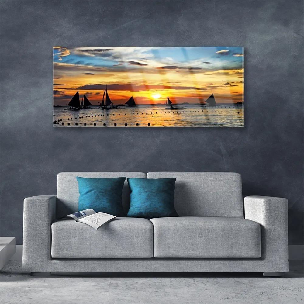 akrylový obraz Loďky Moře Slunce Krajina 125x50 cm