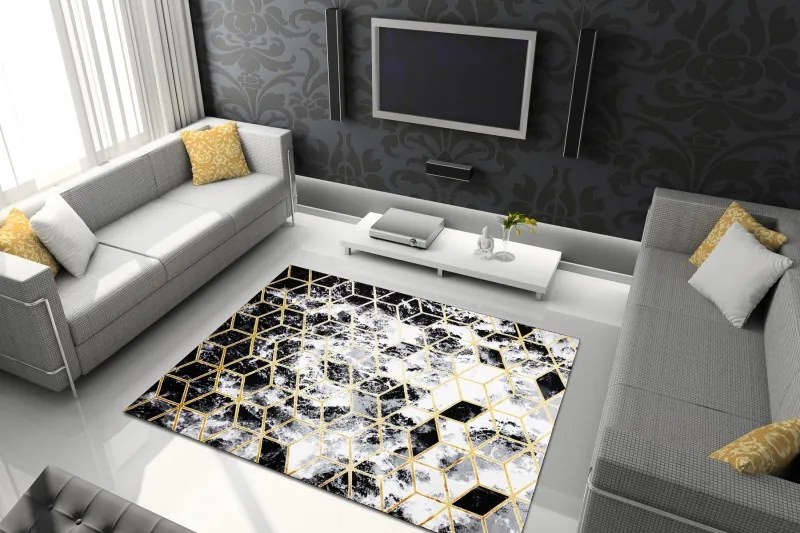 Dywany Łuszczów, Kusový koberec Gloss 409A 82 3D cubes black/gold/grey, 240x330, černobílá, kancelář