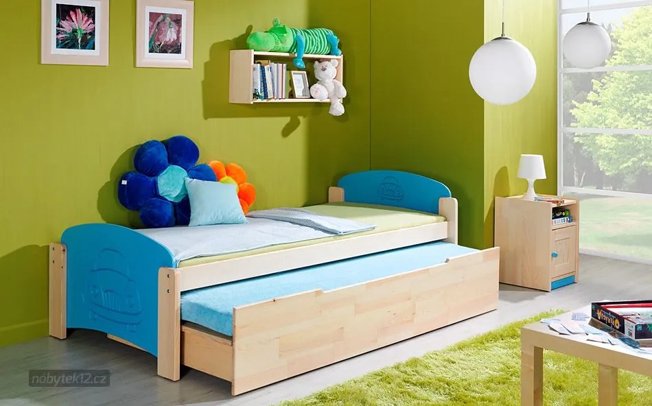 Jednolůžková postel s přistýlkou Bing 2, masiv borovice, borovice přírodní / modrá