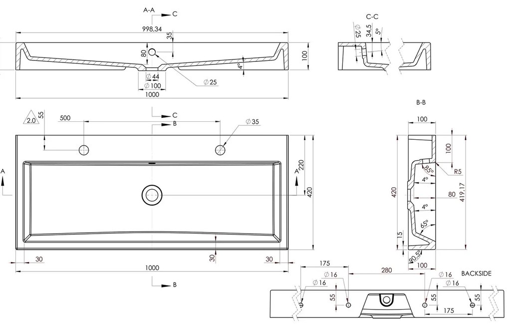 Sapho Sapho, ORINOKO umyvadlo, mramor, 100x42 cm, 2 otvory pro baterie, bílá, OR101