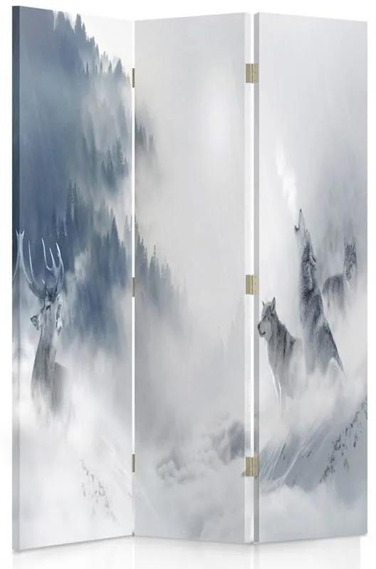 Ozdobný paraván Vlčí mlžný les - 110x170 cm, třídílný, obustranný paraván 360°