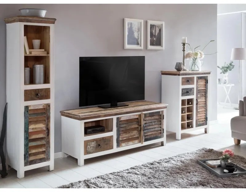 furniture-nabytek.cz - Masivní TV stolek Perth z recyklovaného dřeva, lakovaný, bílý / barevný – 150×50×60 cm